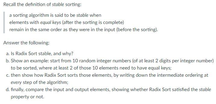 Solved Recall the definition of stable sorting: a sorting | Chegg.com