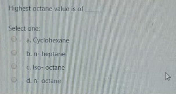 Solved Highest octane value is of Select one: a. Cyclohexane | Chegg.com
