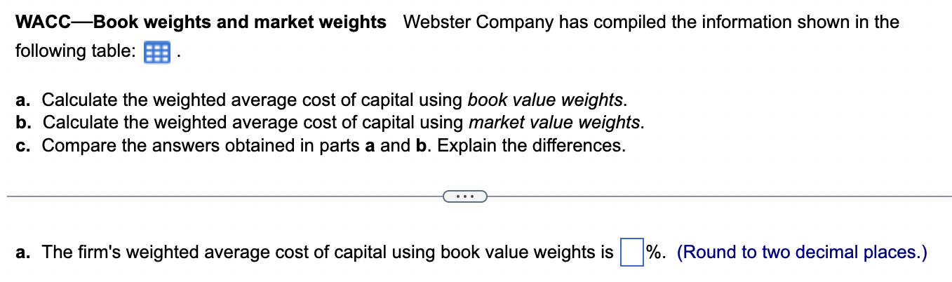 Solved WACC-Book weights and market weights Webster Company | Chegg.com