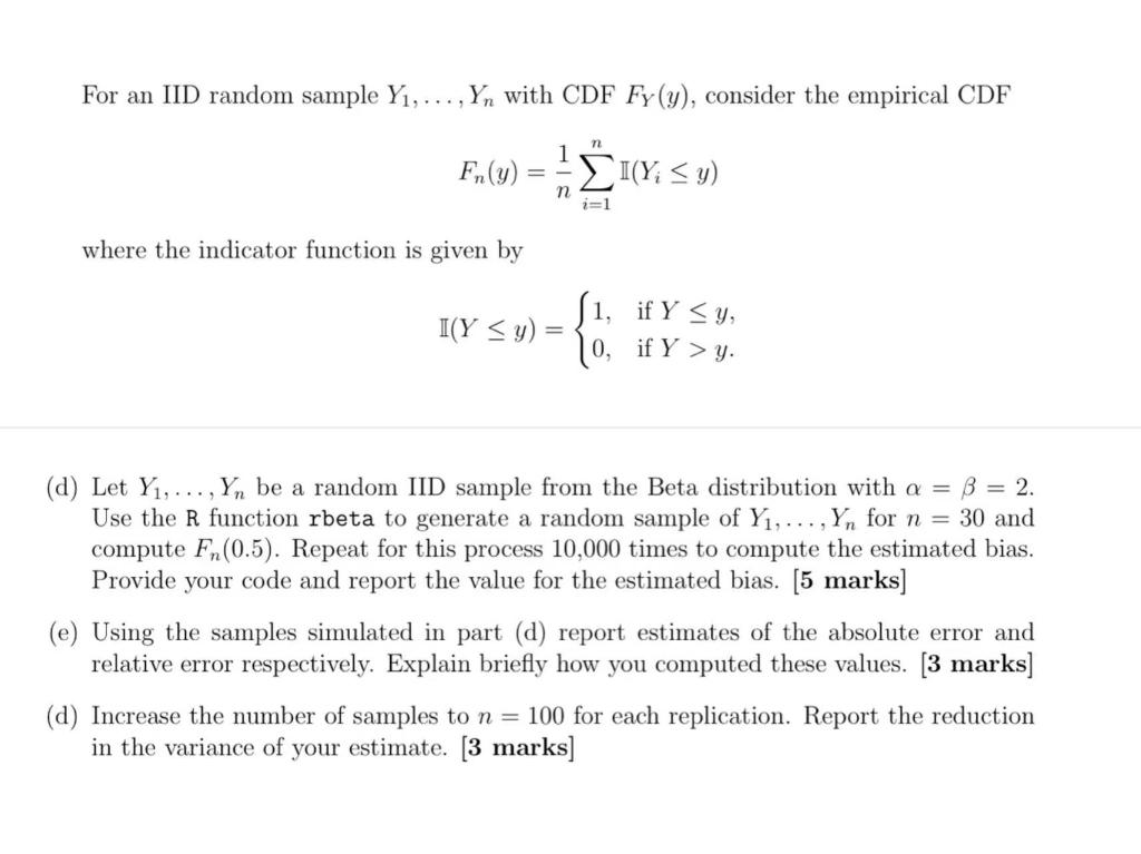 Solved For an IID random sample Y1,…,Yn with CDF FY(y), | Chegg.com