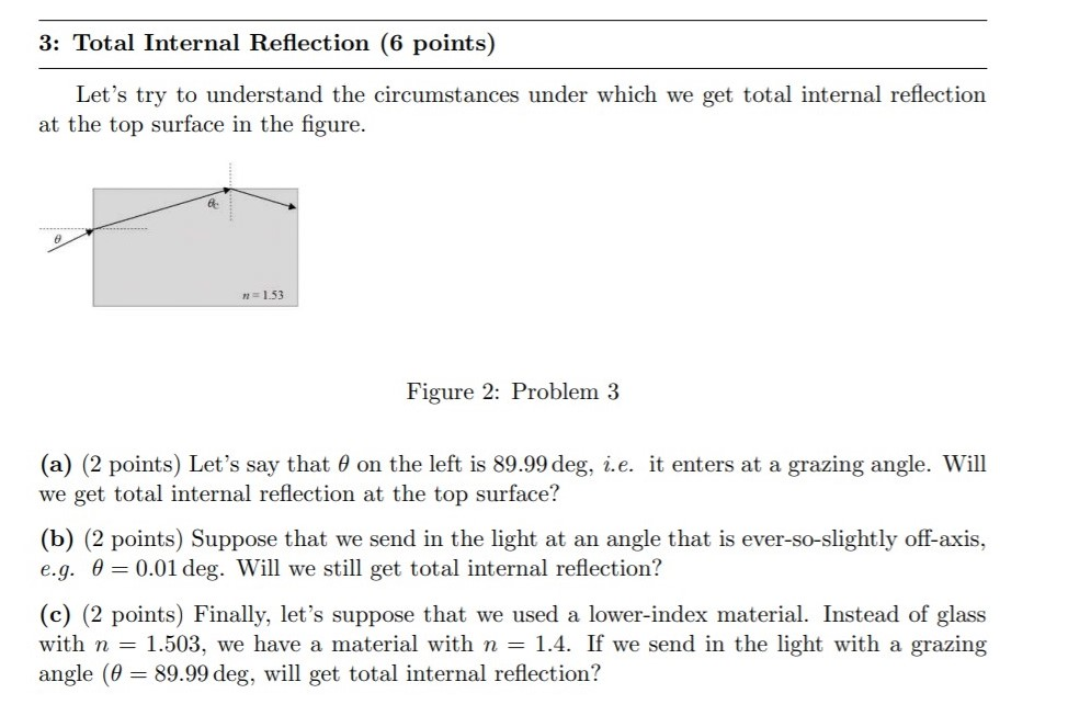 Solved 3: Total Internal Reflection (6 points) Let's try to | Chegg.com