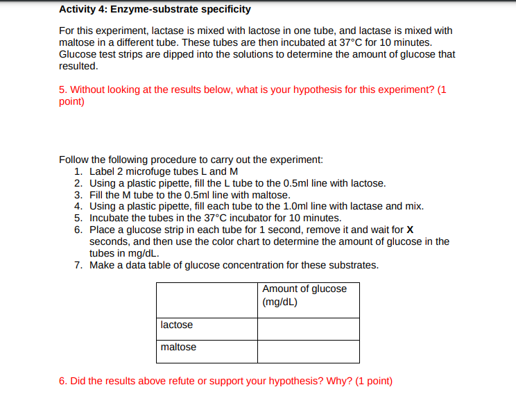 Solved Activity 4: Enzyme-substrate specificity For this | Chegg.com