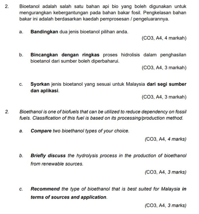 2. Bioetanol adalah salah satu bahan api bio yang | Chegg.com