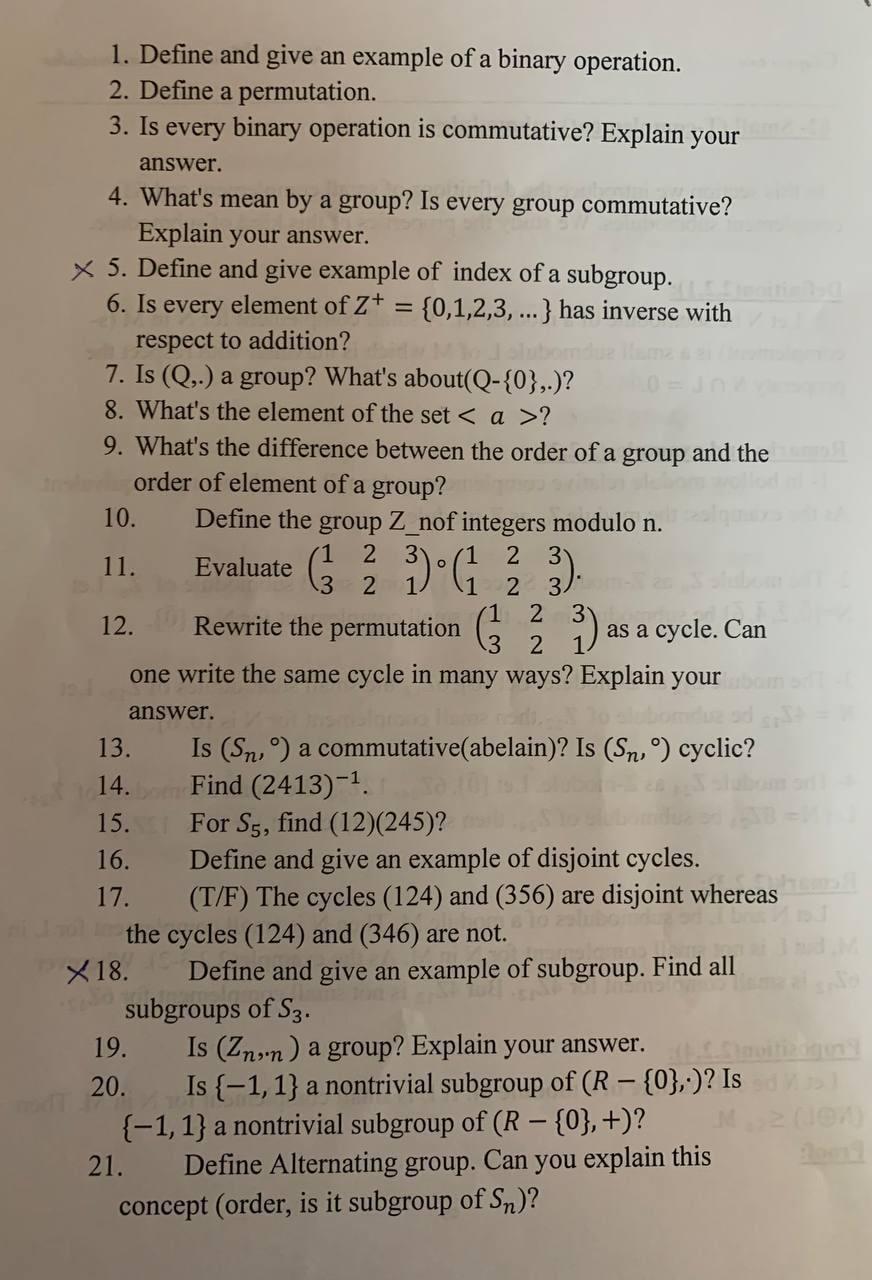 Solved 1. Define and give an example of a binary operation. | Chegg.com