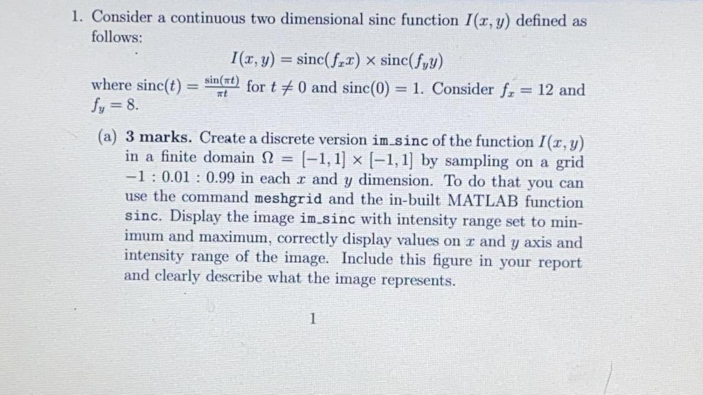 Solved 1. Consider a continuous two dimensional sinc | Chegg.com