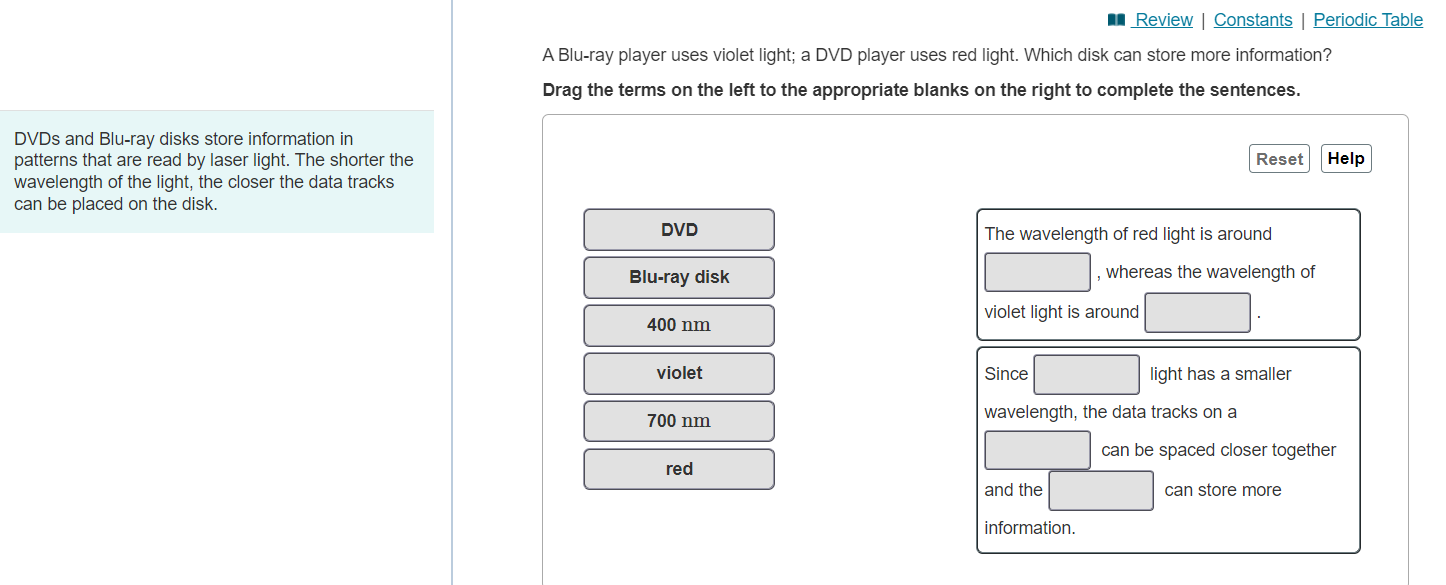Solved A Blu-ray player uses violet light; a DVD player uses | Chegg.com