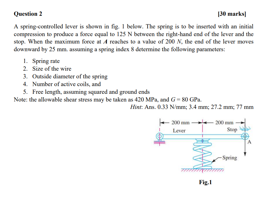 Solved Question 2 [30 marks] A spring-controlled lever is | Chegg.com