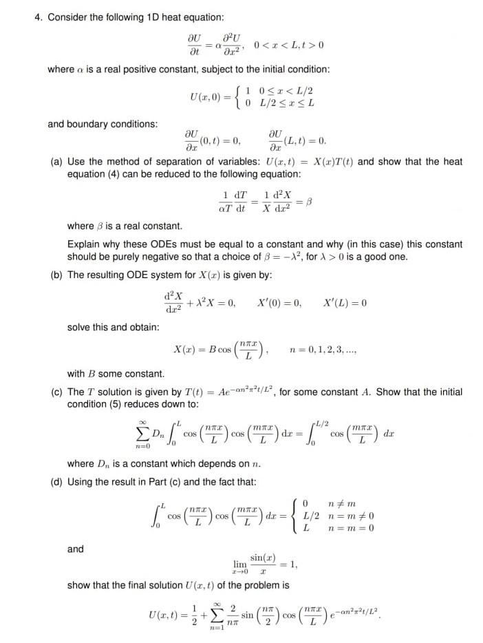Solved = 0 4. Consider the following 1D heat equation: au au | Chegg.com