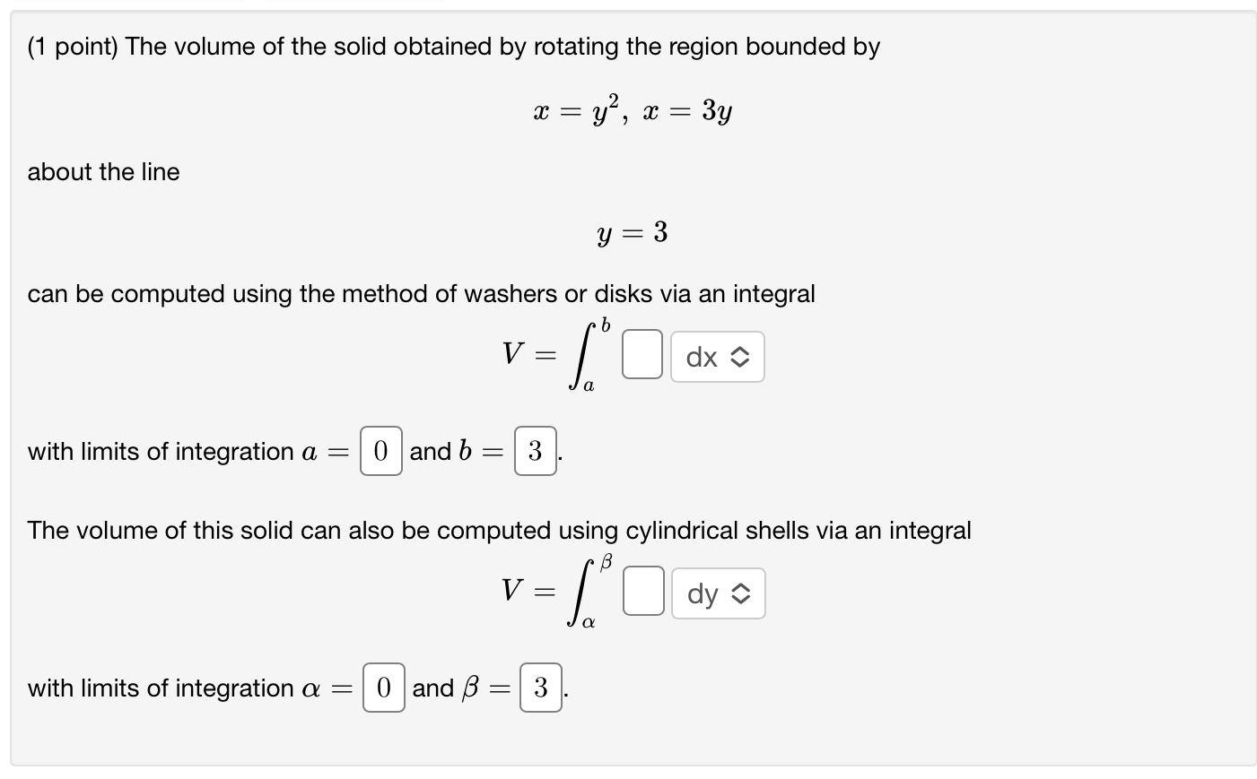 Solved (1 point) The volume of the solid obtained by | Chegg.com