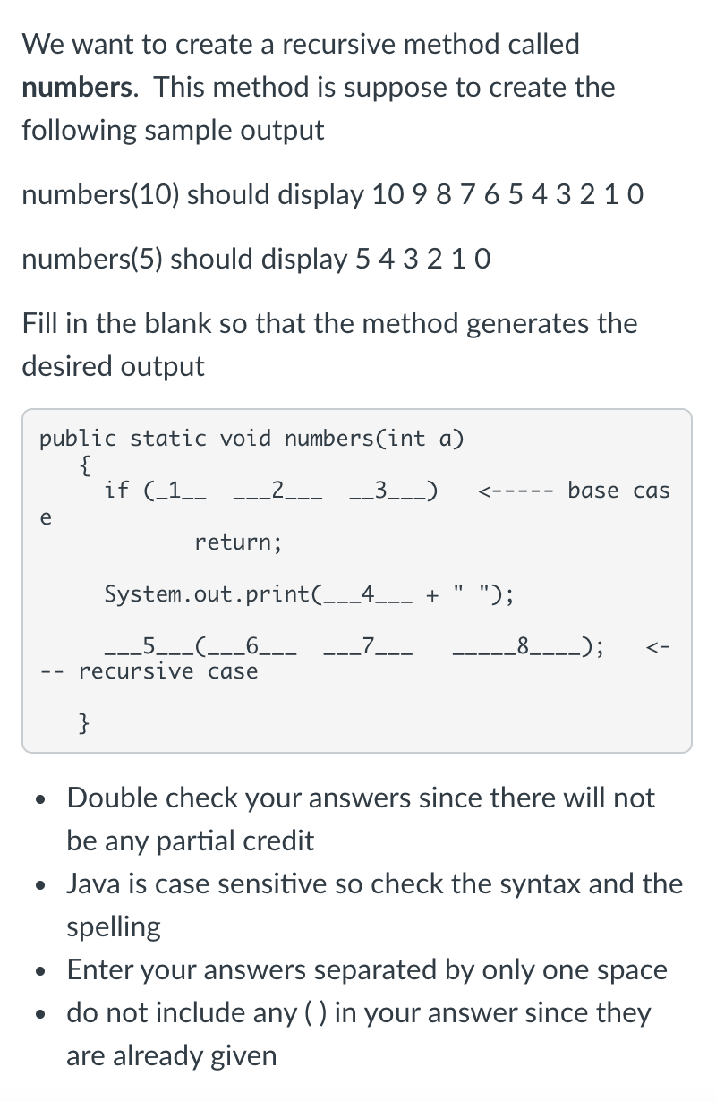 Solved We want to create a recursive method called numbers. | Chegg.com