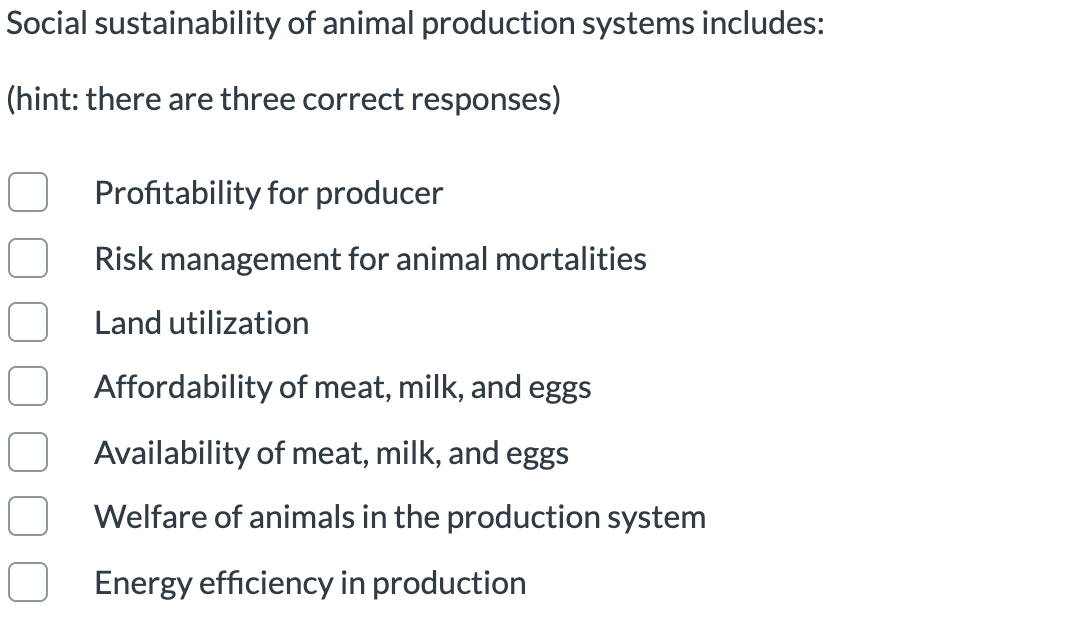Solved Social sustainability of animal production systems | Chegg.com