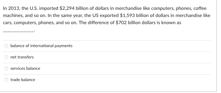 Solved In 2013, the U.S. imported $2,294 billion of dollars | Chegg.com