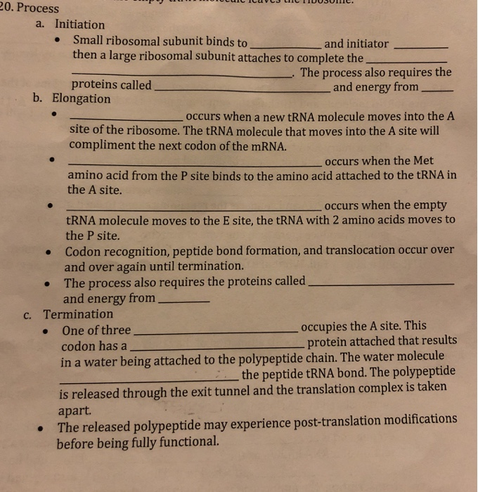 Solved 20. Process a. Initiation Small ribosomal subunit | Chegg.com