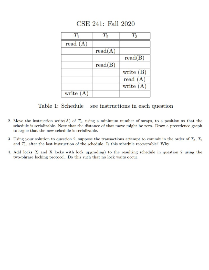 Solved CSE 241: Fall 2020 T2 T3 T read (A) read(A) read(B) | Chegg.com