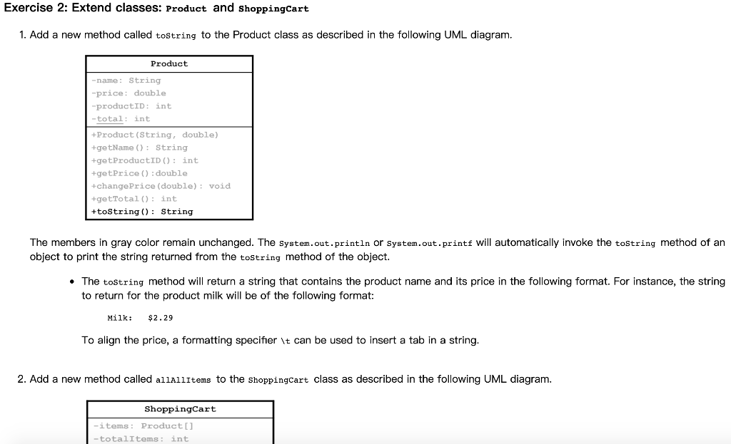 Solved Exercise 1: Implement class design: ShoppingCart You | Chegg.com