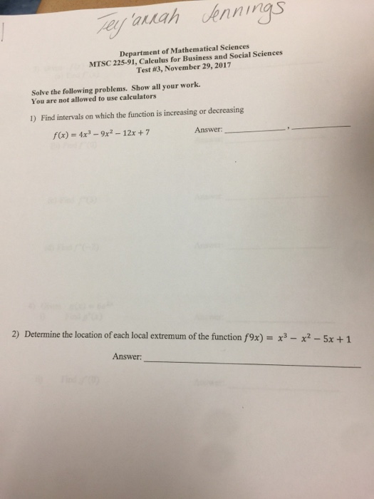Solved Department of Mathematical Sciences MTSC 225-91, | Chegg.com