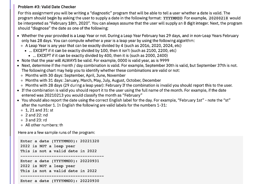 Solved Problem #3: Valid Date Checker For this assignment | Chegg.com
