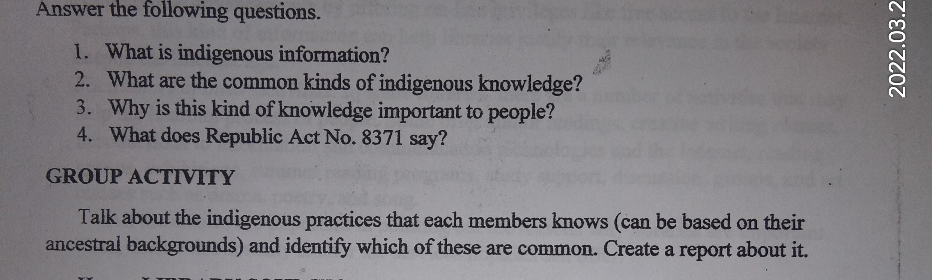 Solved Answer the following questions. 1. What is indigenous | Chegg.com