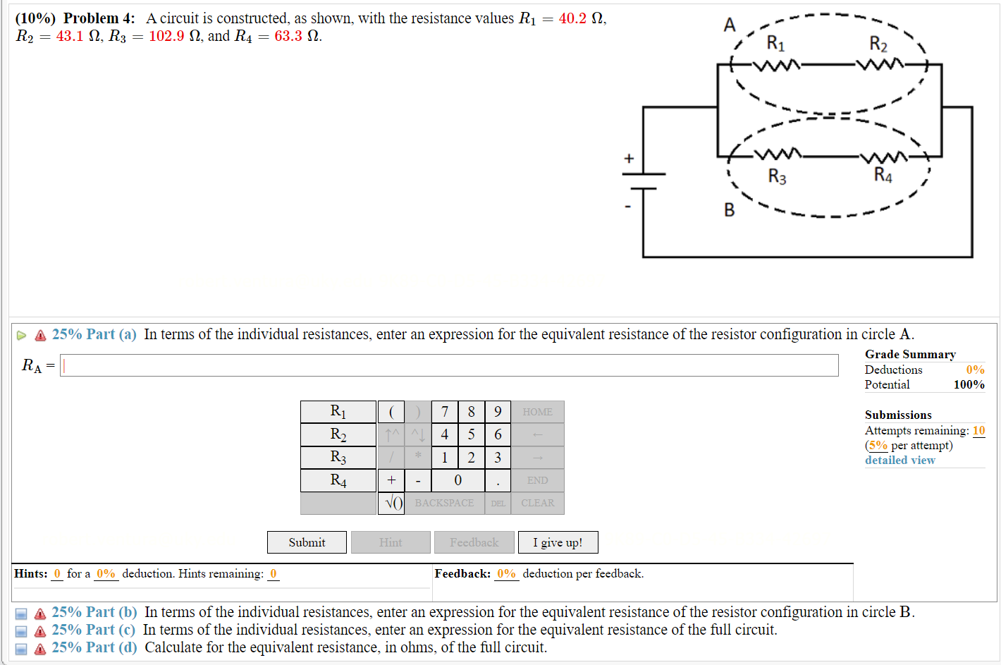 Solved (10\%) Problem 4: A circuit is constructed, as shown, | Chegg.com