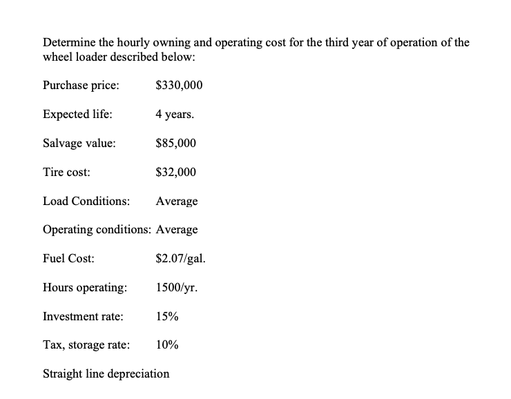 Solved Determine the hourly owning and operating cost for | Chegg.com