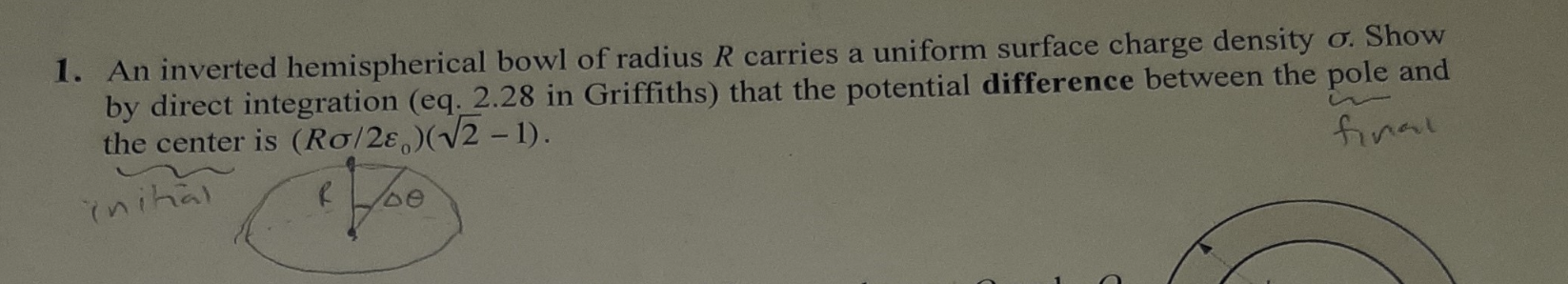 Solved 1. An inverted hemispherical bowl of radius R carries | Chegg.com