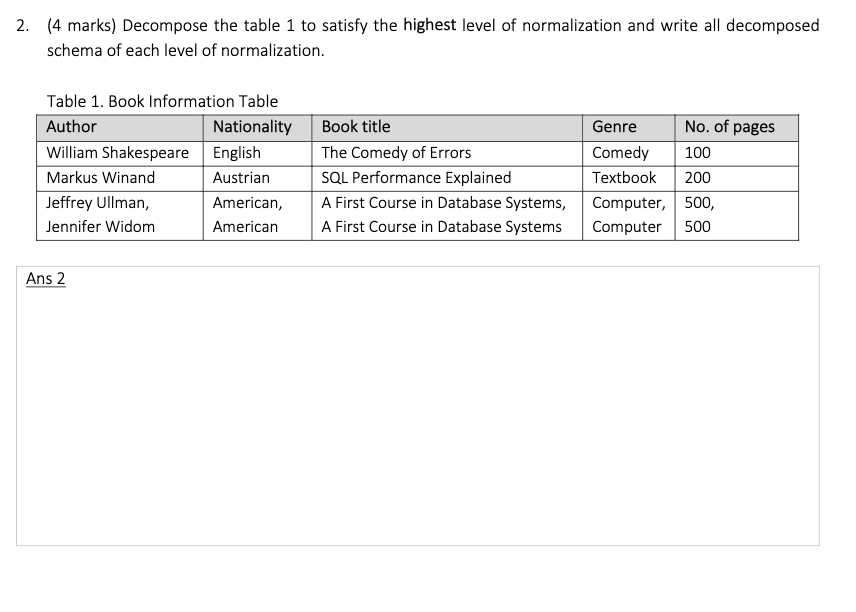 Solved 2. (4 marks) Decompose the table 1 to satisfy the | Chegg.com