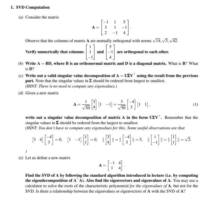 Solved SVD ﻿Computation(a) ﻿Consider the | Chegg.com