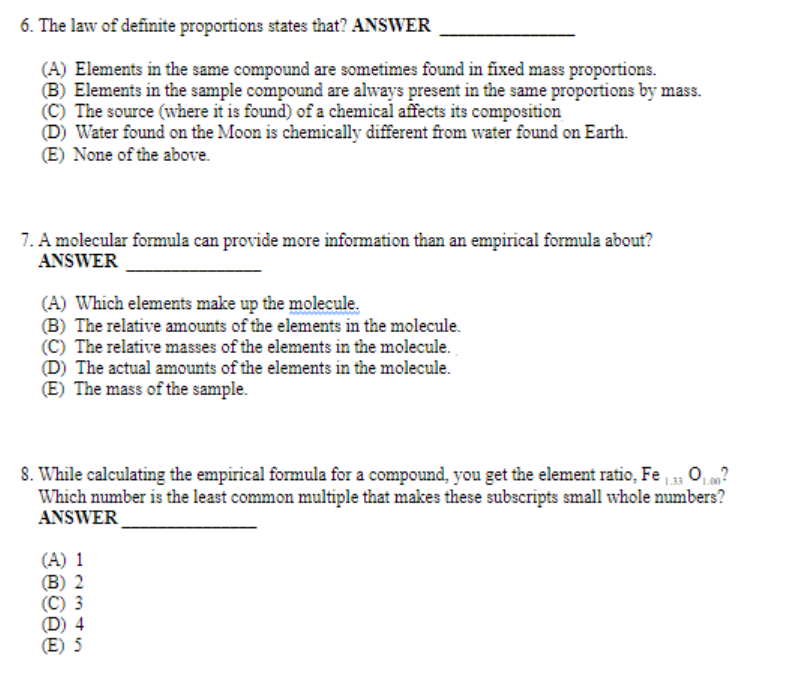 Solved 6 The Law Of Definite Proportions States That