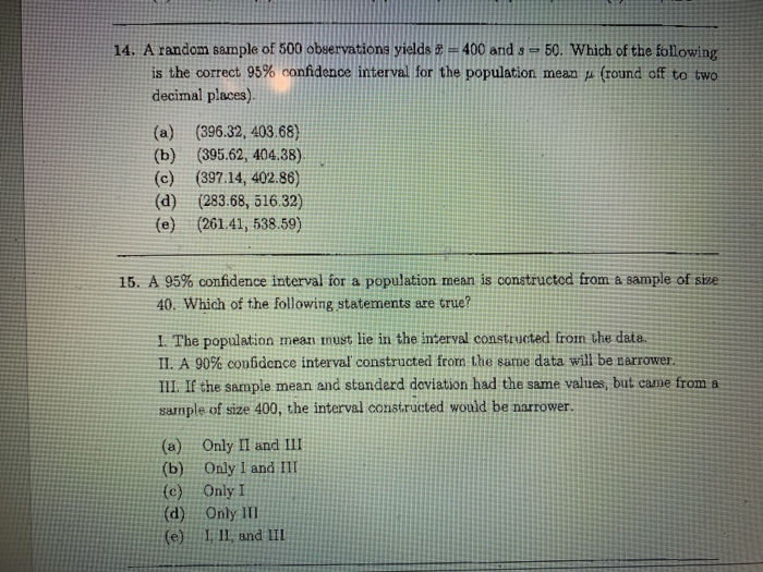Solved 14. A random sample of 500 observations yields 400 | Chegg.com