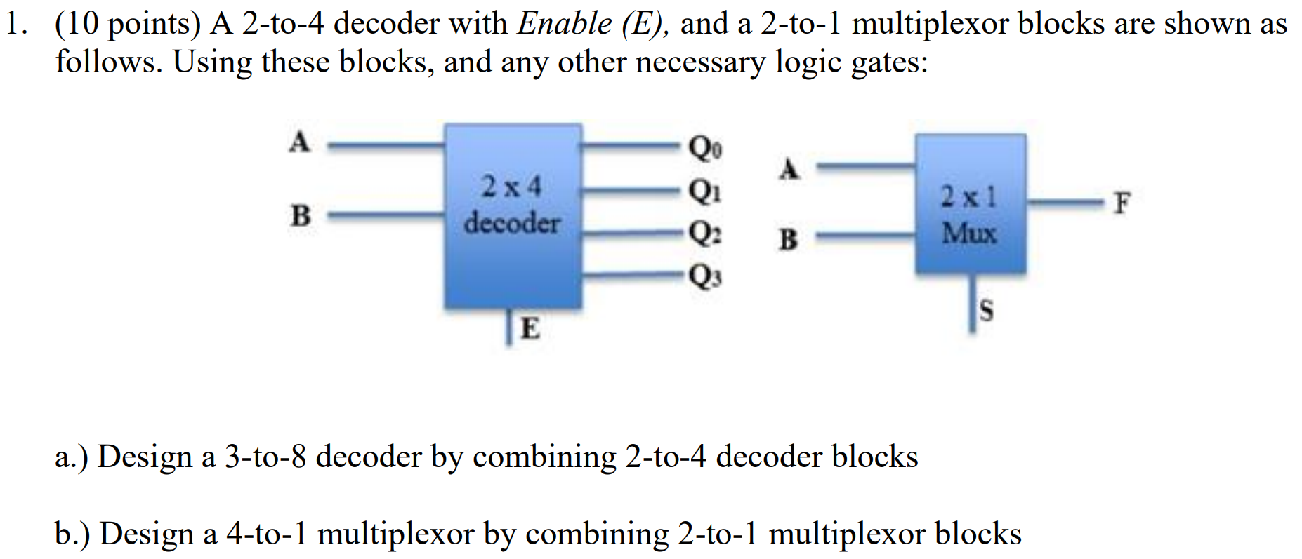 Solved 1. (10 points) A 2-to-4 decoder with Enable (E), and | Chegg.com