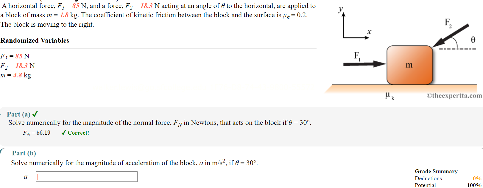 Solved A horizontal force, F1=85N, ﻿and a force, F2=18.3N | Chegg.com