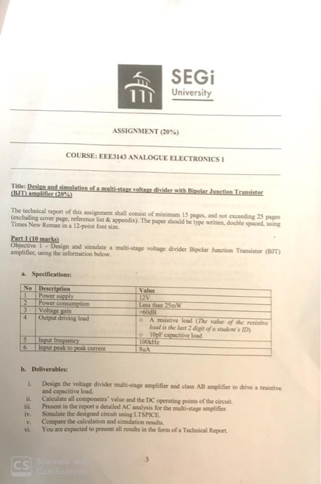 Solved SEGİ University ASSIGNMENT (20%) COURSE: EEE3 143 | Chegg.com