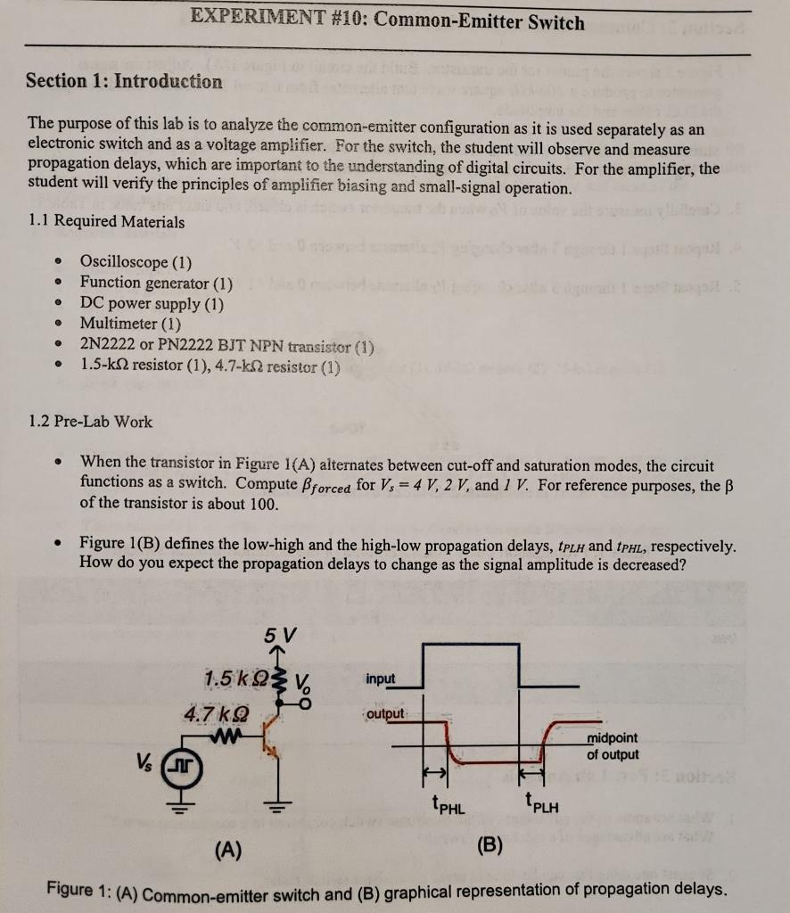 Solved EXPERIMENT #10: Common-Emitter Switch Section 1: | Chegg.com