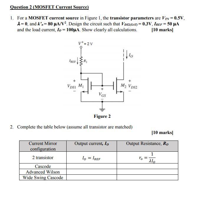 Solved Question 2 (MOSFET Current Source) 1. For a MOSFET | Chegg.com