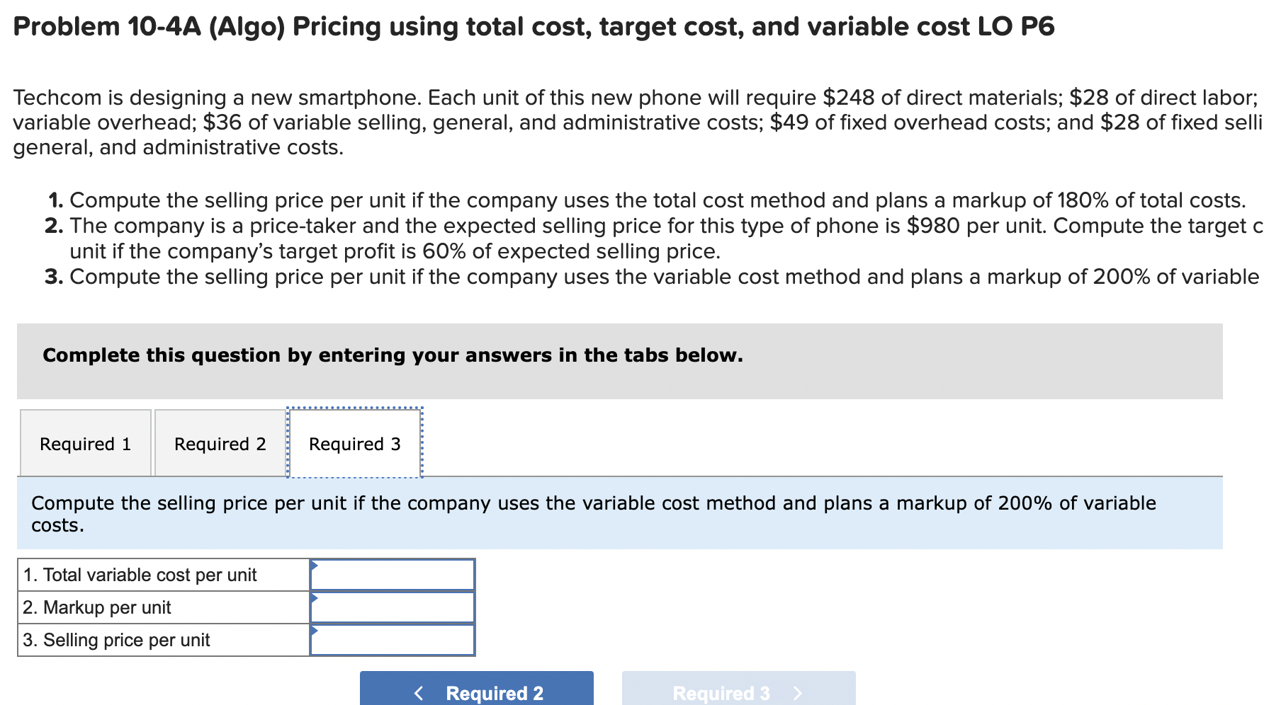 Solved Problem 10-4A (Algo) Pricing using total cost, target | Chegg.com