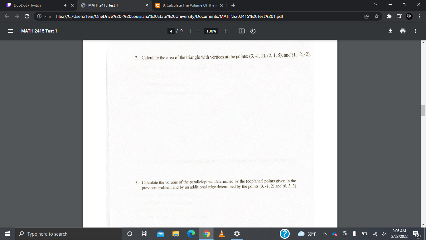 Solved DubDot - Twitch 4 X MATH 2415 Test 1 х C 8. Calculate | Chegg.com