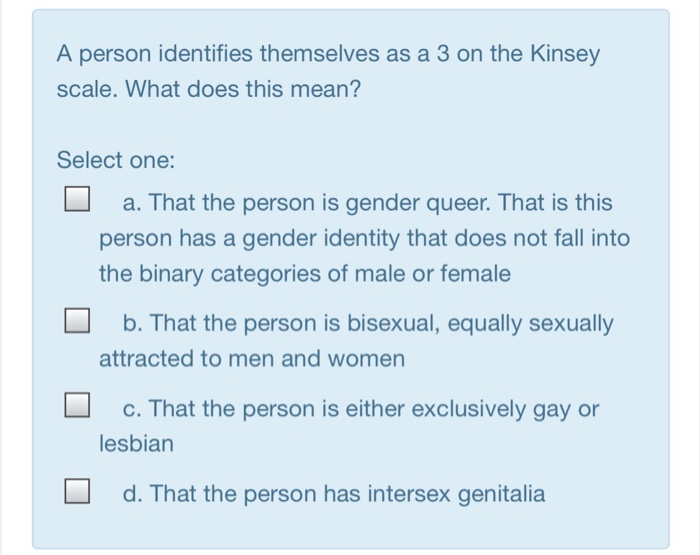 Solved A person identifies themselves as a 3 on the Kinsey | Chegg.com