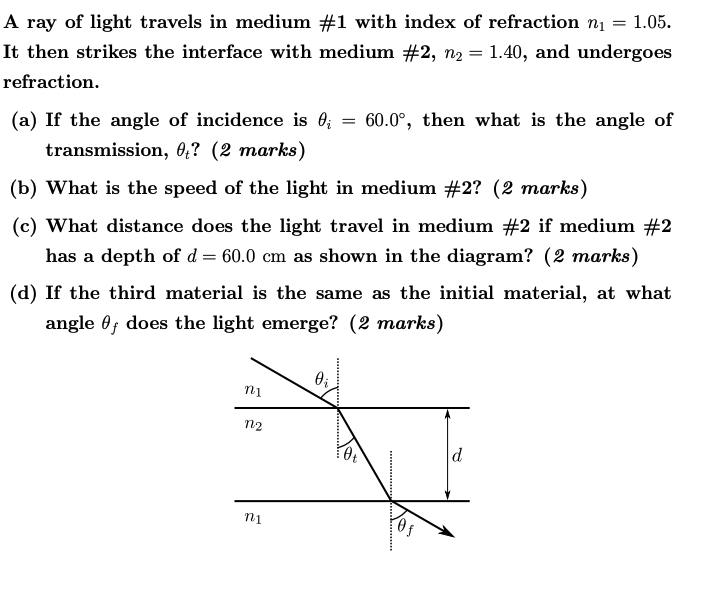 Solved = A ray of light travels in medium #1 with index of | Chegg.com