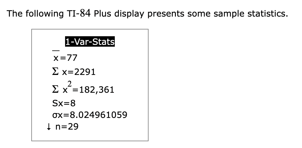 Solved The following TI-84 Plus display presents some sample | Chegg.com