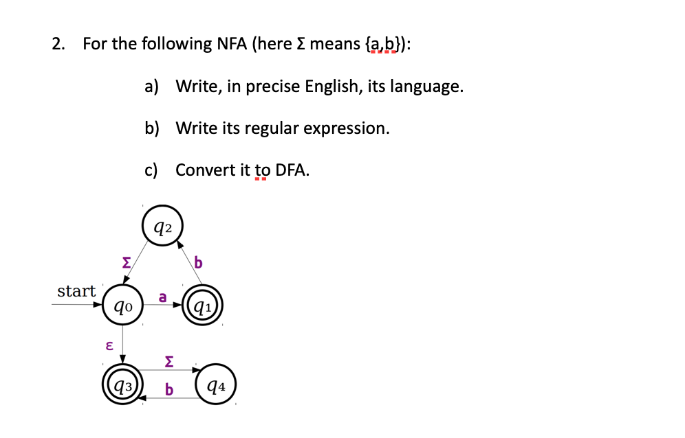 Solved 2. For the following NFA (here ? means {a,b}): a) | Chegg.com