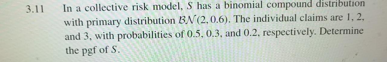 Solved 3.11 In a collective risk model, S has a binomial | Chegg.com