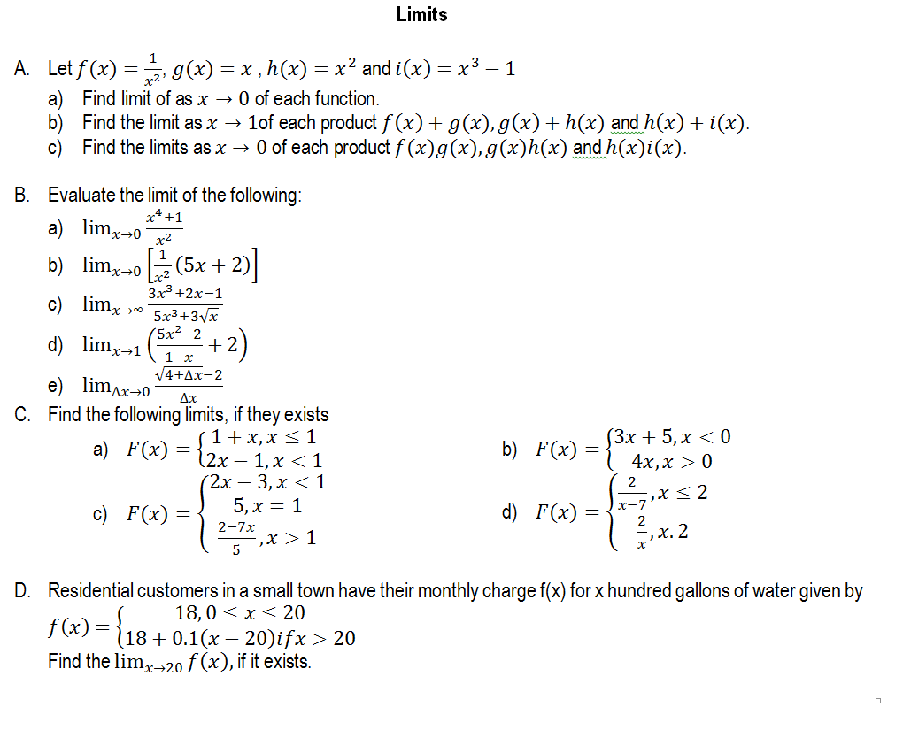 Solved Limits A. Let f(x) = , g(x) = x , h(x) = x2 and i(x) | Chegg.com