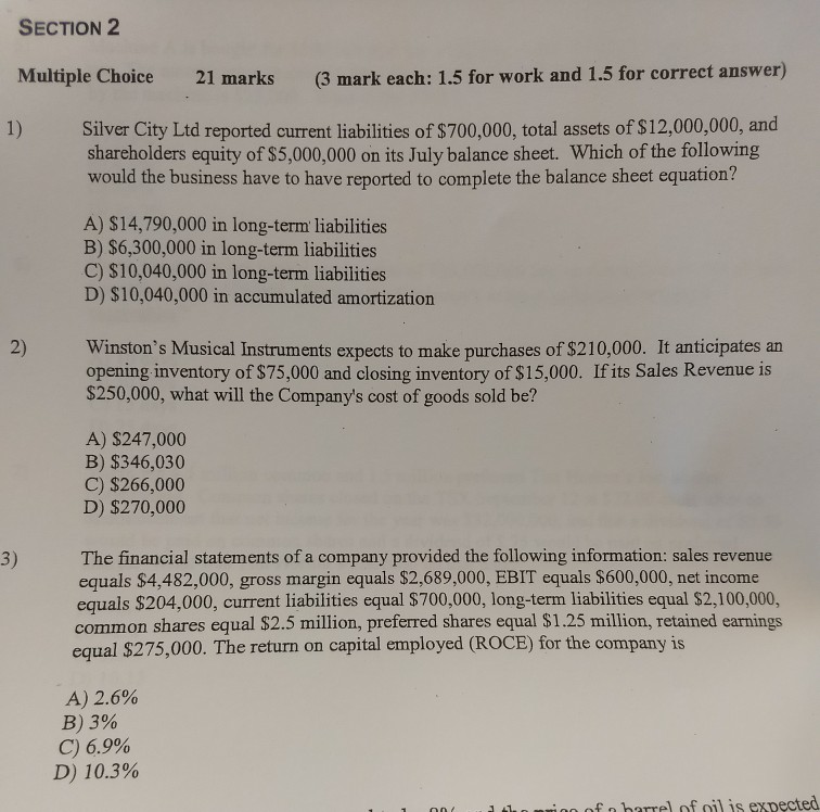 Solved SECTION 2 Multiple Choice 21 marks (3 mark each: 1.5 | Chegg.com
