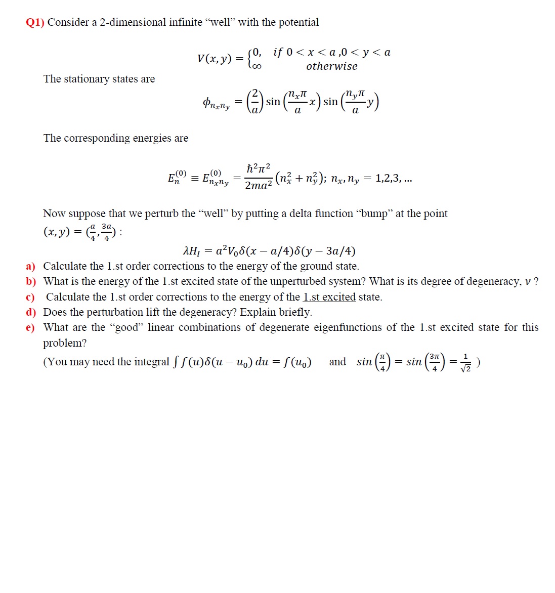 Q1) Consider a 2-dimensional infinite "well" with the | Chegg.com