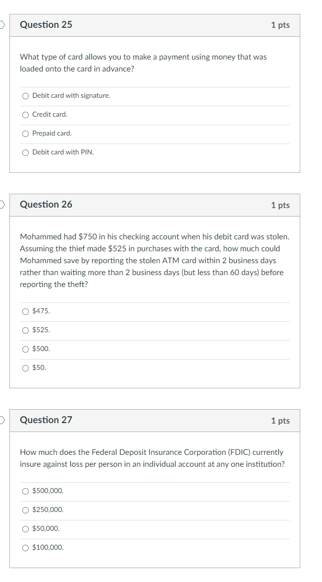 Solved Question 25 1 pts What type of card allows you to | Chegg.com