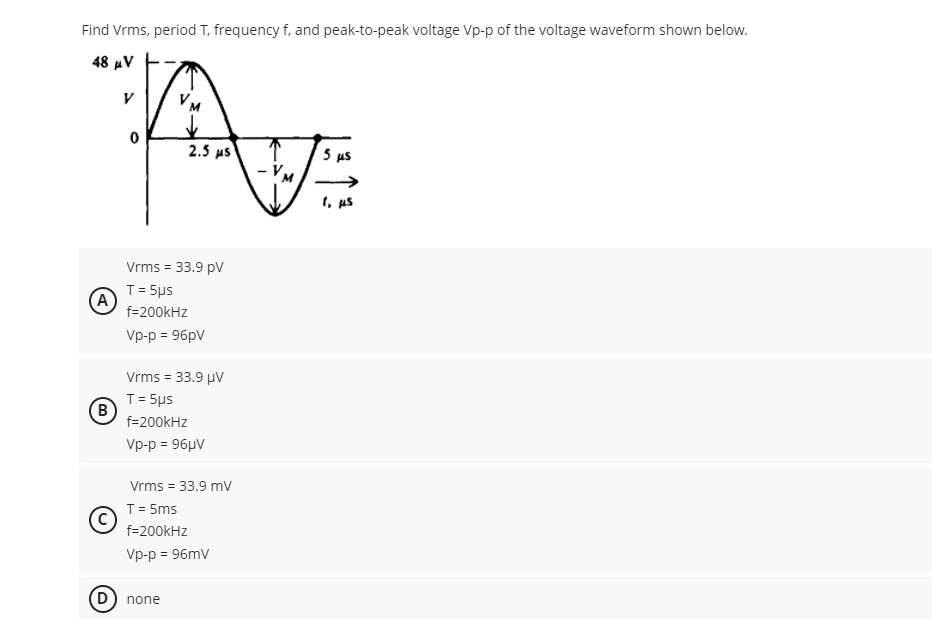 Solved Find Vrms, ﻿period T, ﻿frequency f, ﻿and peak-to-peak | Chegg.com