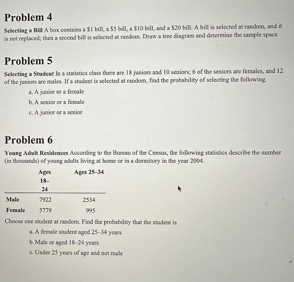 Solved Selecting a Bill A box contains a $1 bill, a $5 bill, | Chegg.com