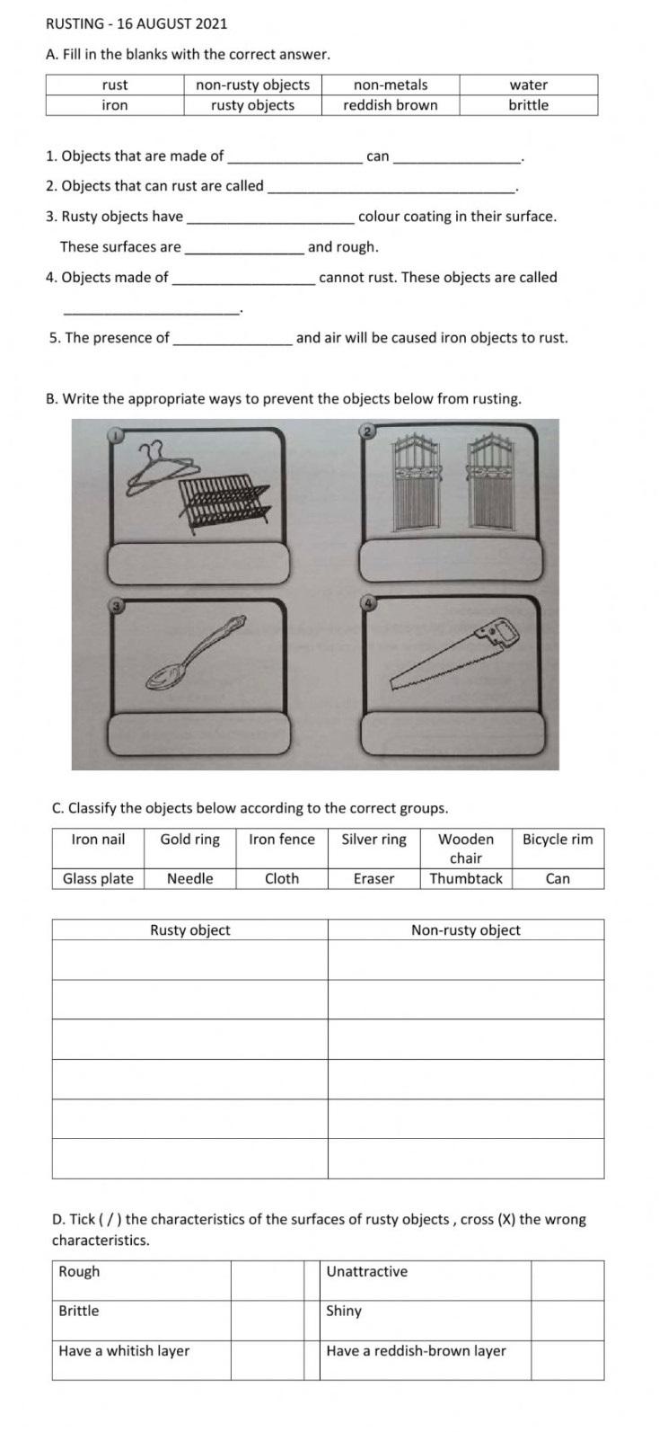 Solved RUSTING - 16 AUGUST 2021 A. Fill in the blanks with | Chegg.com