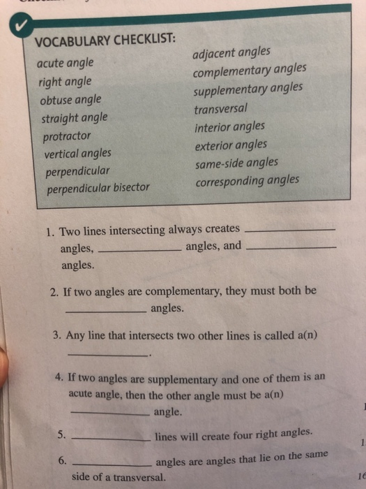 Solved VOCABULARY CHECKLIST: acute angle right angle obtuse | Chegg.com