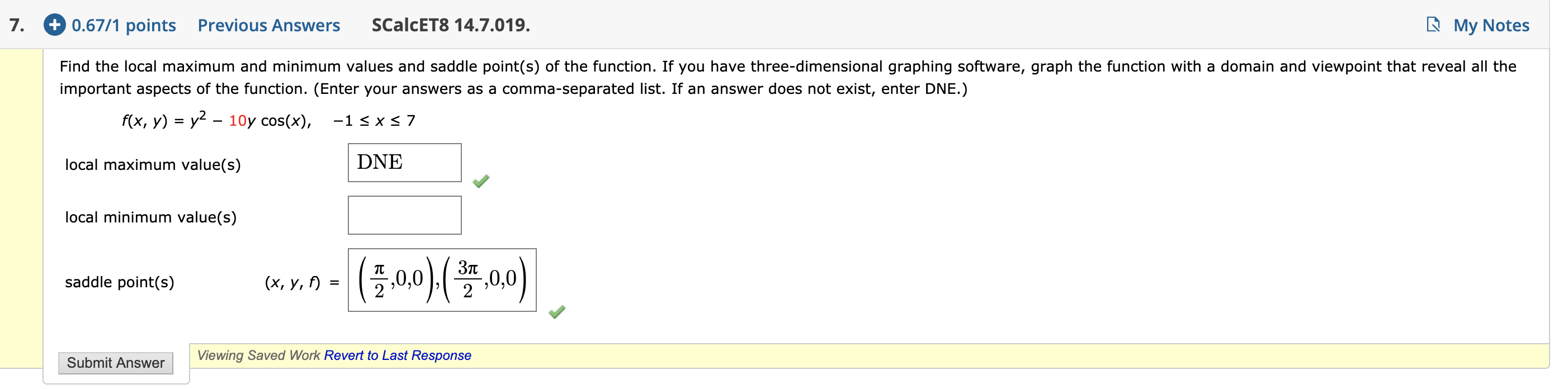 Solved 7. + 0.67/1 points Previous Answers SCalcET8 | Chegg.com